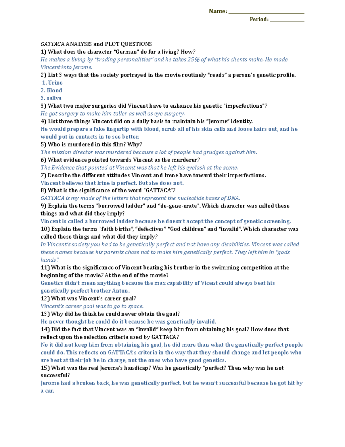 GATTACA Analysis Questions - Movie Questionnaire and Insights - Studocu