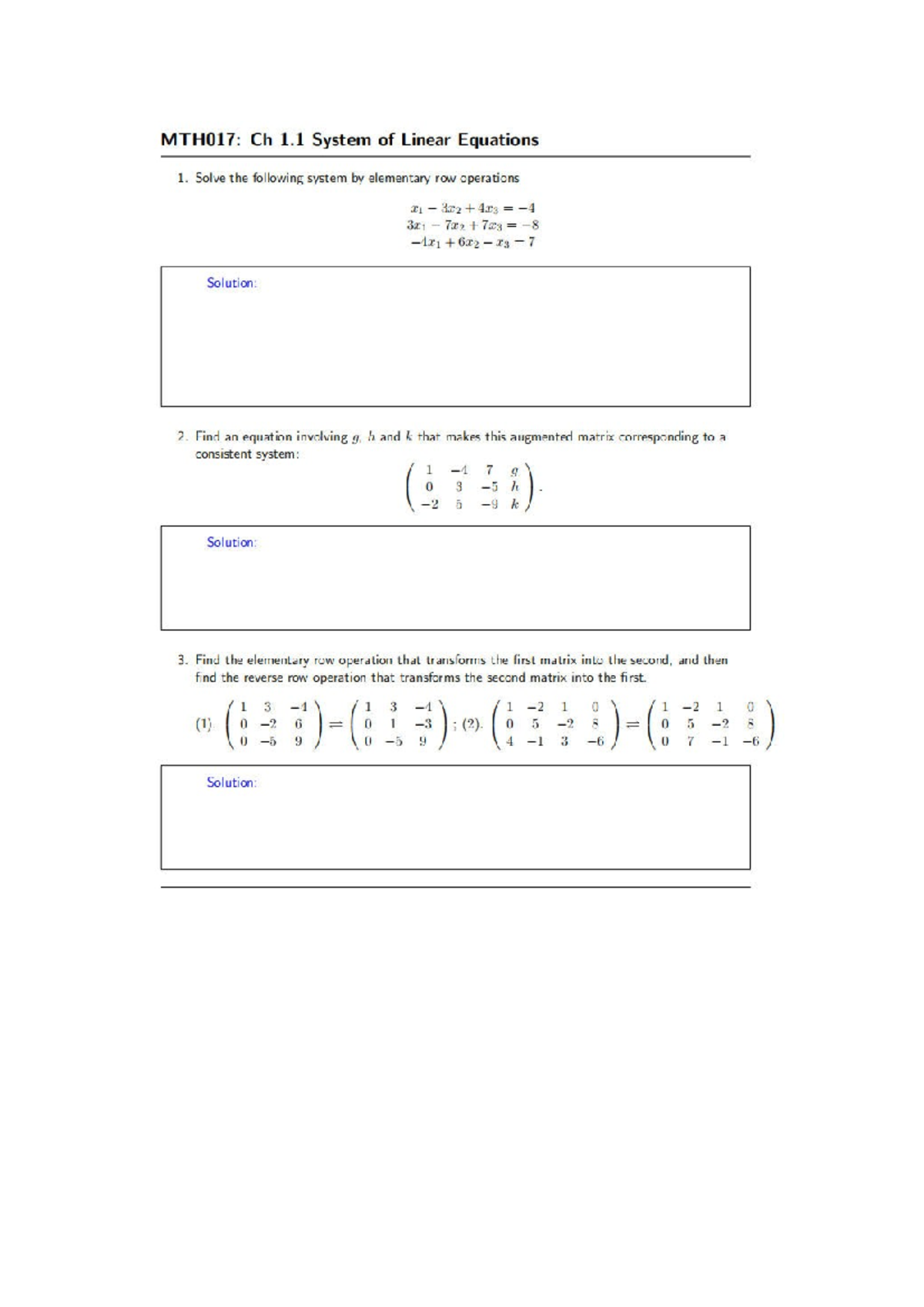 MTH017: Ch 1.1 Systems of Linear Equations Assignment Solutions - Studocu