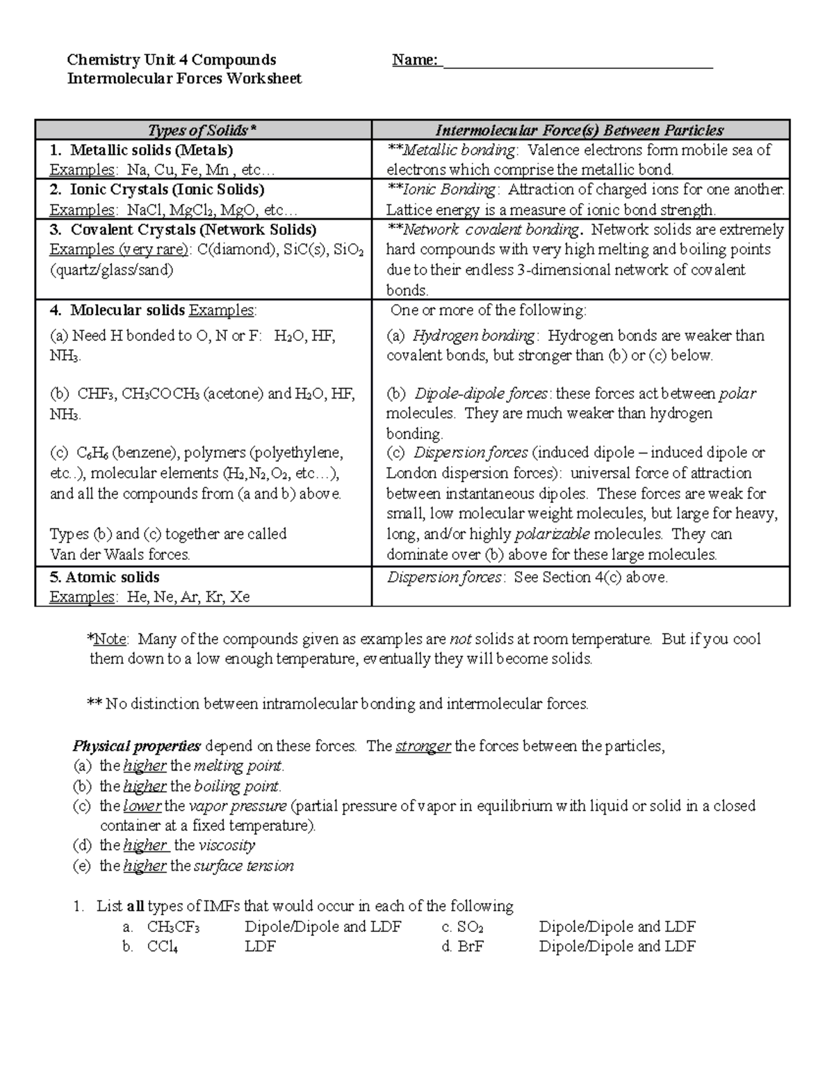 Chemistry Unit 4 Worksheet 1