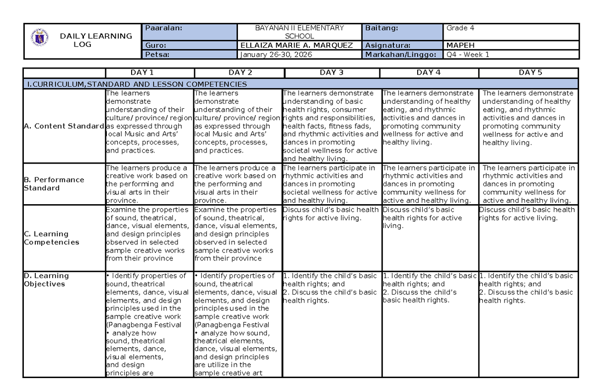 Q4 Week 1 MAPEH 4 Daily Learning Log and Activities - Studocu