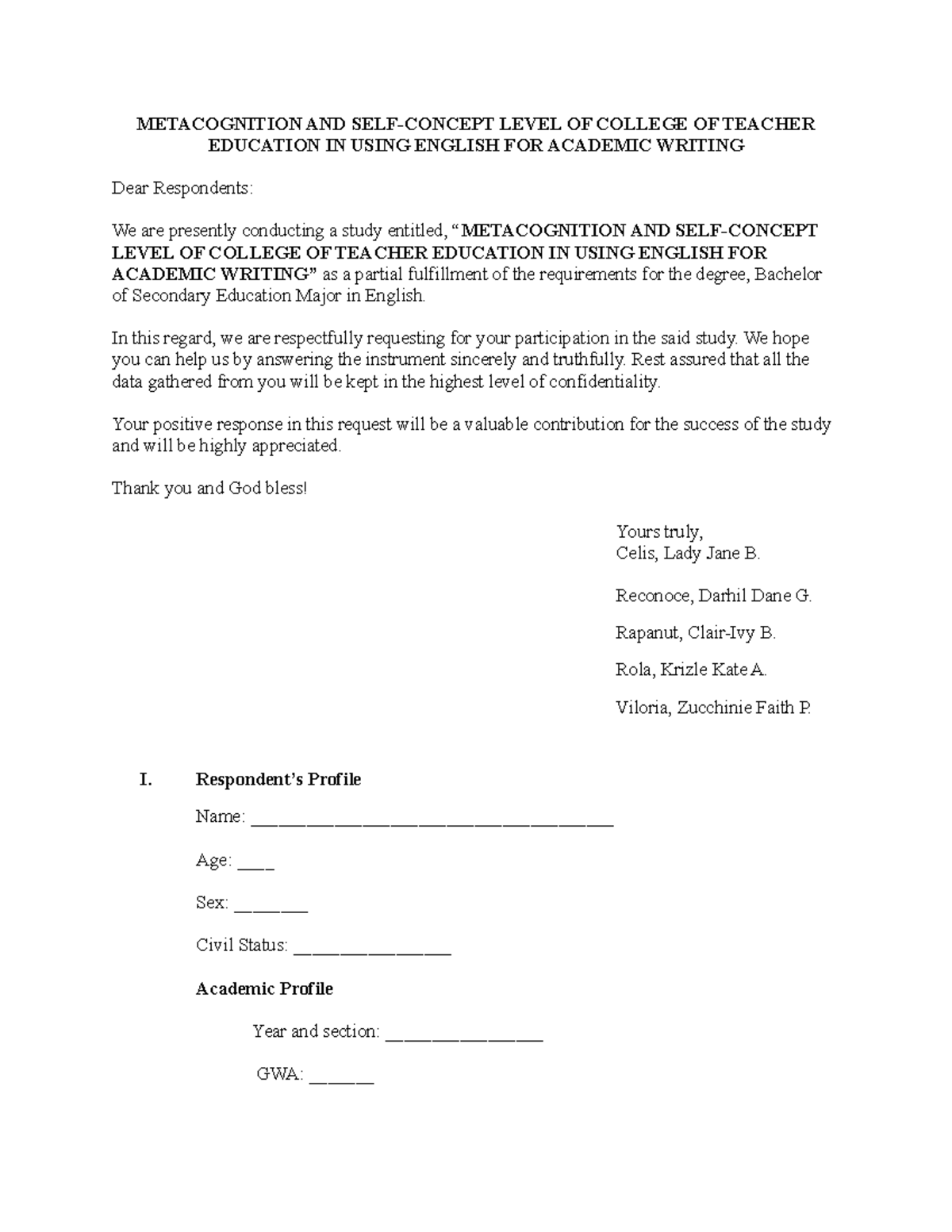 METACOGNITION IN ENGLISH ACADEMIC WRITING: A STUDY QUESTIONNAIRE - Studocu