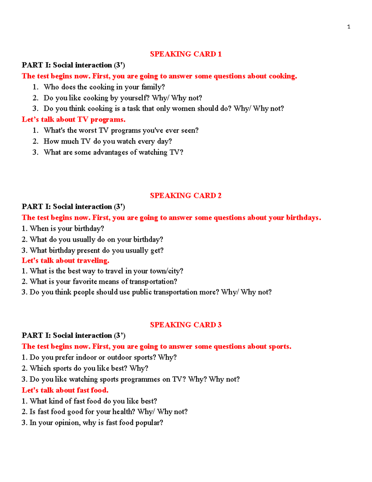 K33 Speaking Cards: Social Interaction Questions for Exam Prep - Studocu