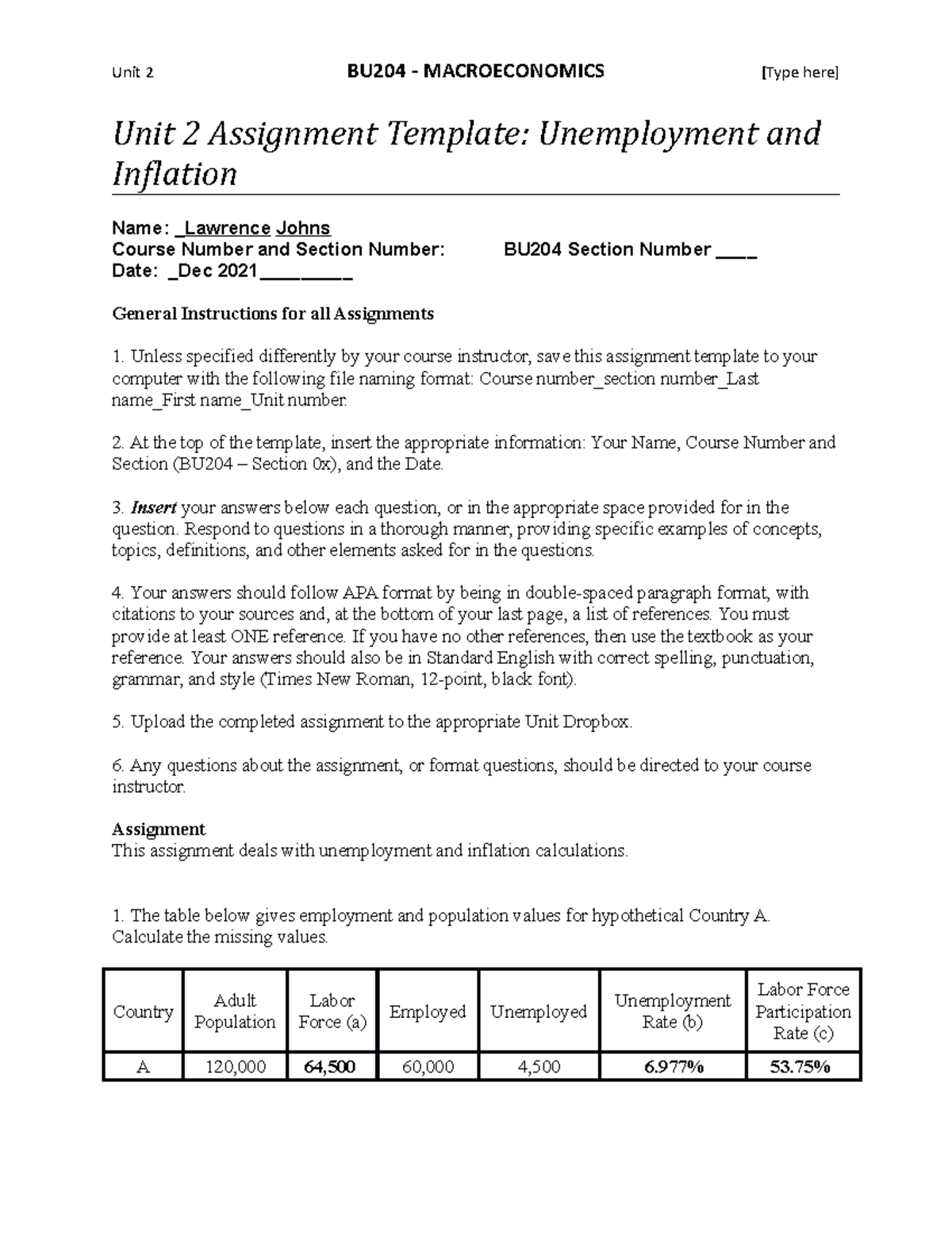 BU204 Unit2 Assignment Template - Unit 2 Assignment Template: Unemployment and Inflation Name ...