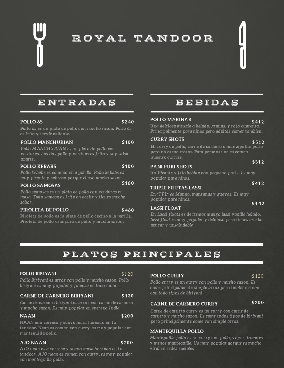 Menú de Entradas y Platos Principales - Pollo 65 y Más - Studocu