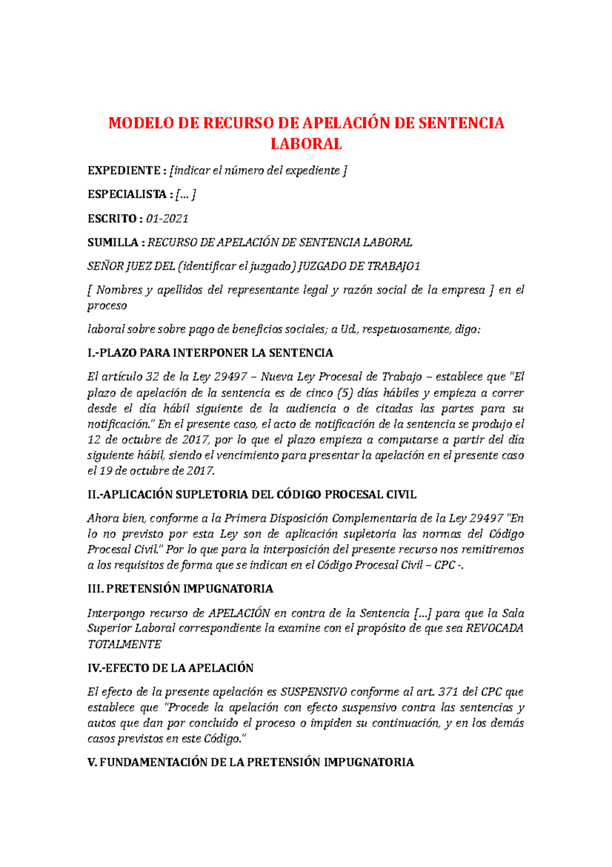 Modelo de apelaciones - MODELO DE RECURSO DE APELACIÓN DE SENTENCIA ...