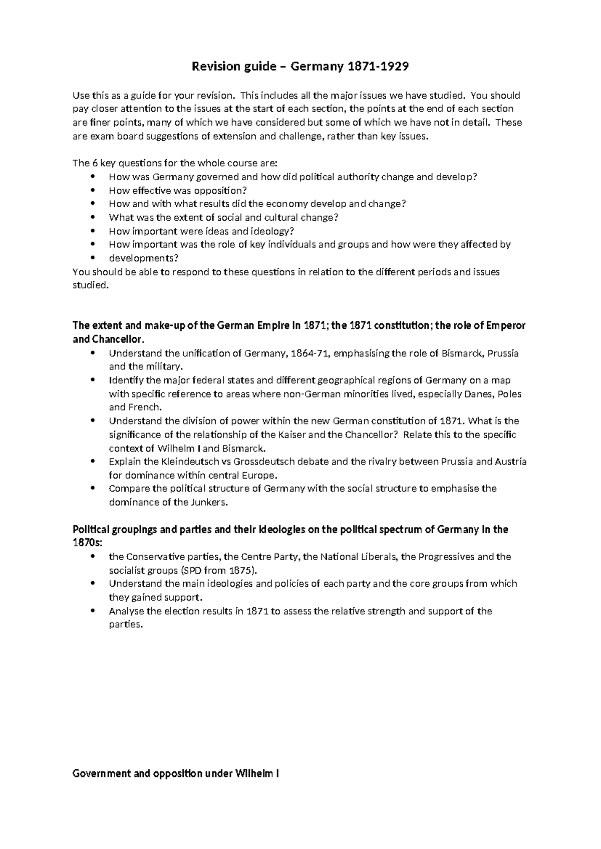 Germany 1871-1929: Political Stability Course Summary for Revision ...