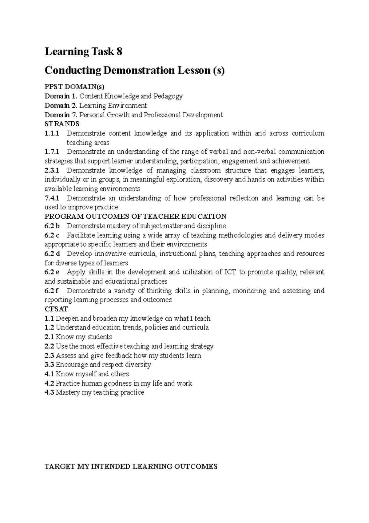 Teaching Internship - Learning Task 8: Demonstration Lessons and ...