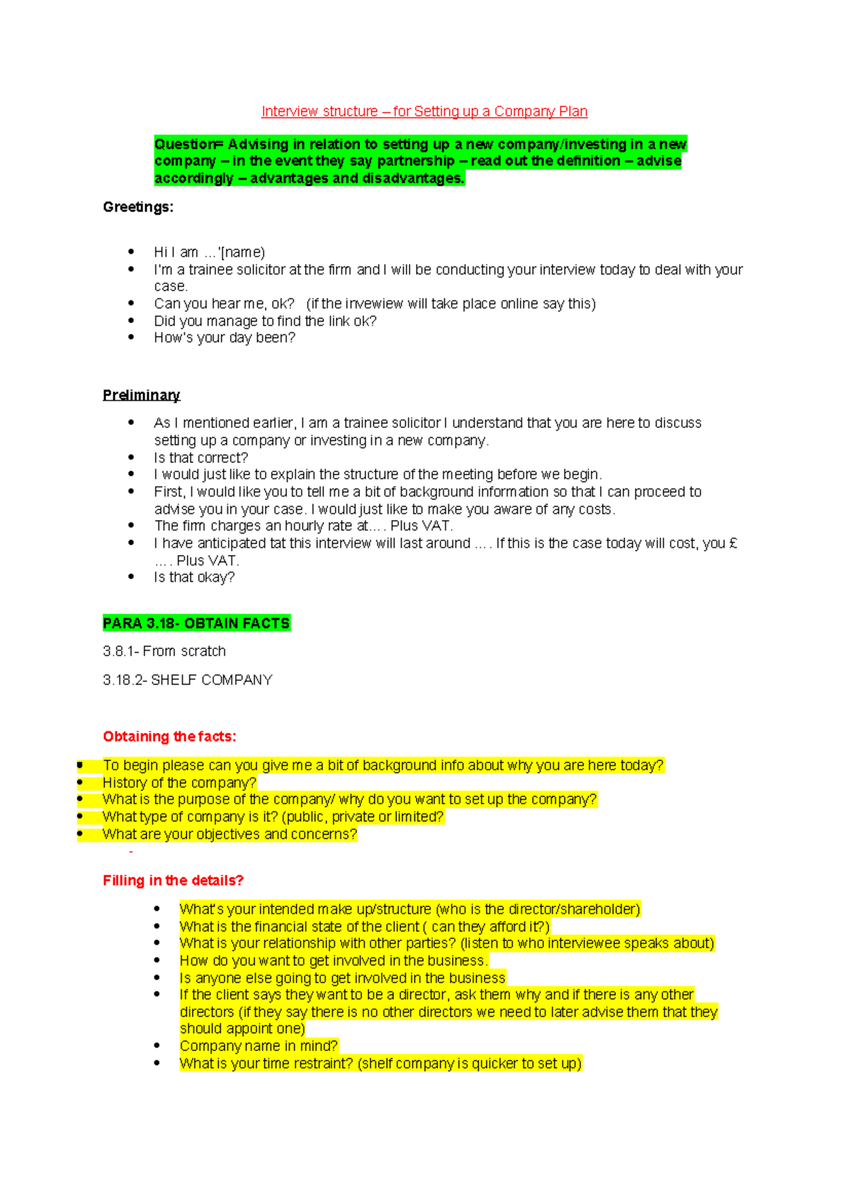 Interview Structure for Setting Up a Company: Essential Guidance - Studocu