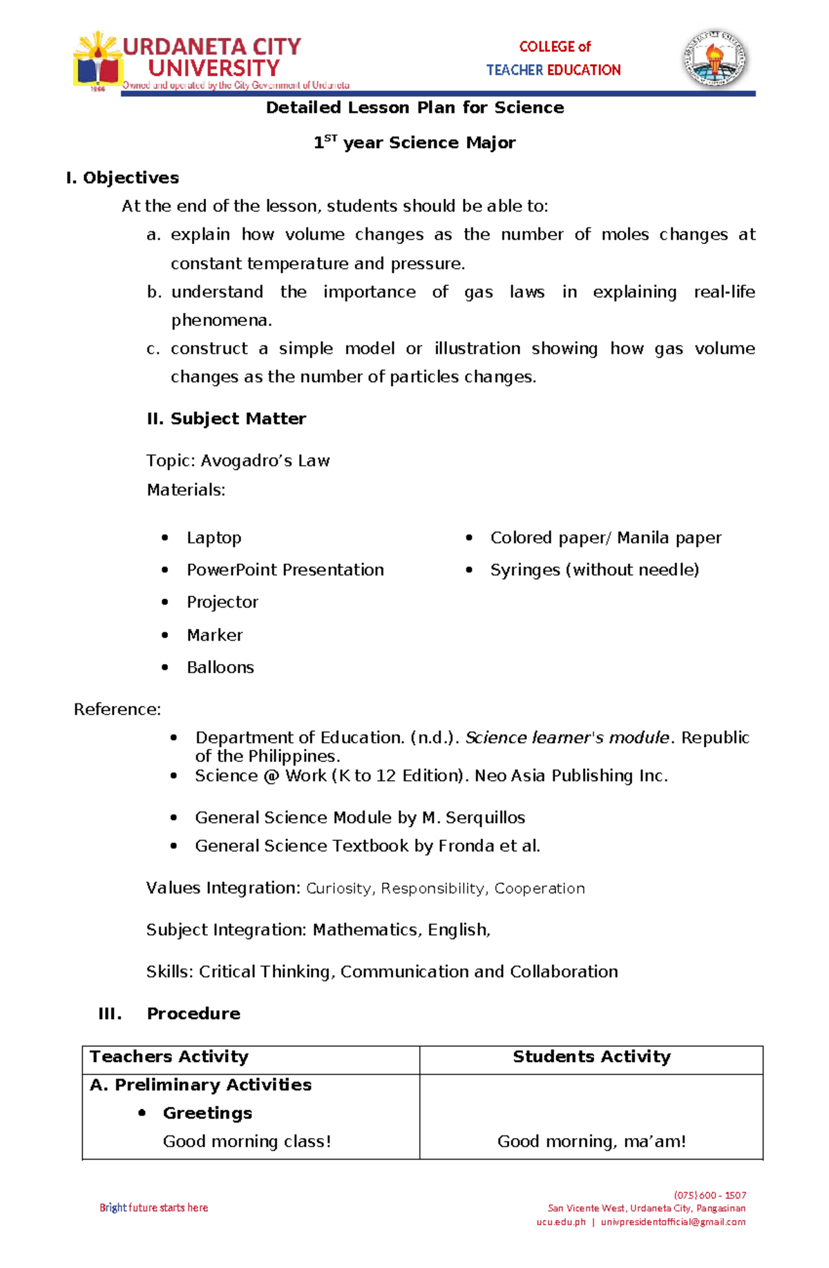 Detailed Lesson Plan for Science 1 (1st Year) on Gas Laws - Studocu