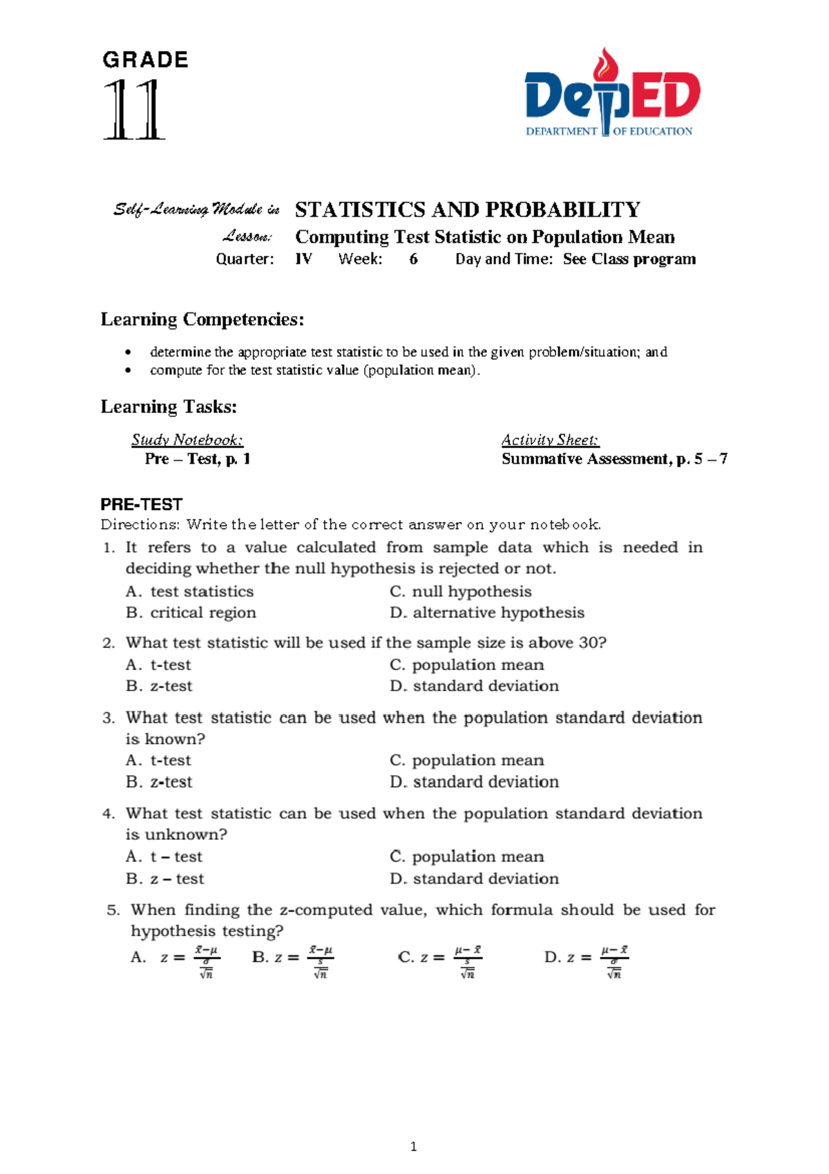 Quarter 4 Lesson 6: Computing Test Statistic in Stat & Prob - Studocu