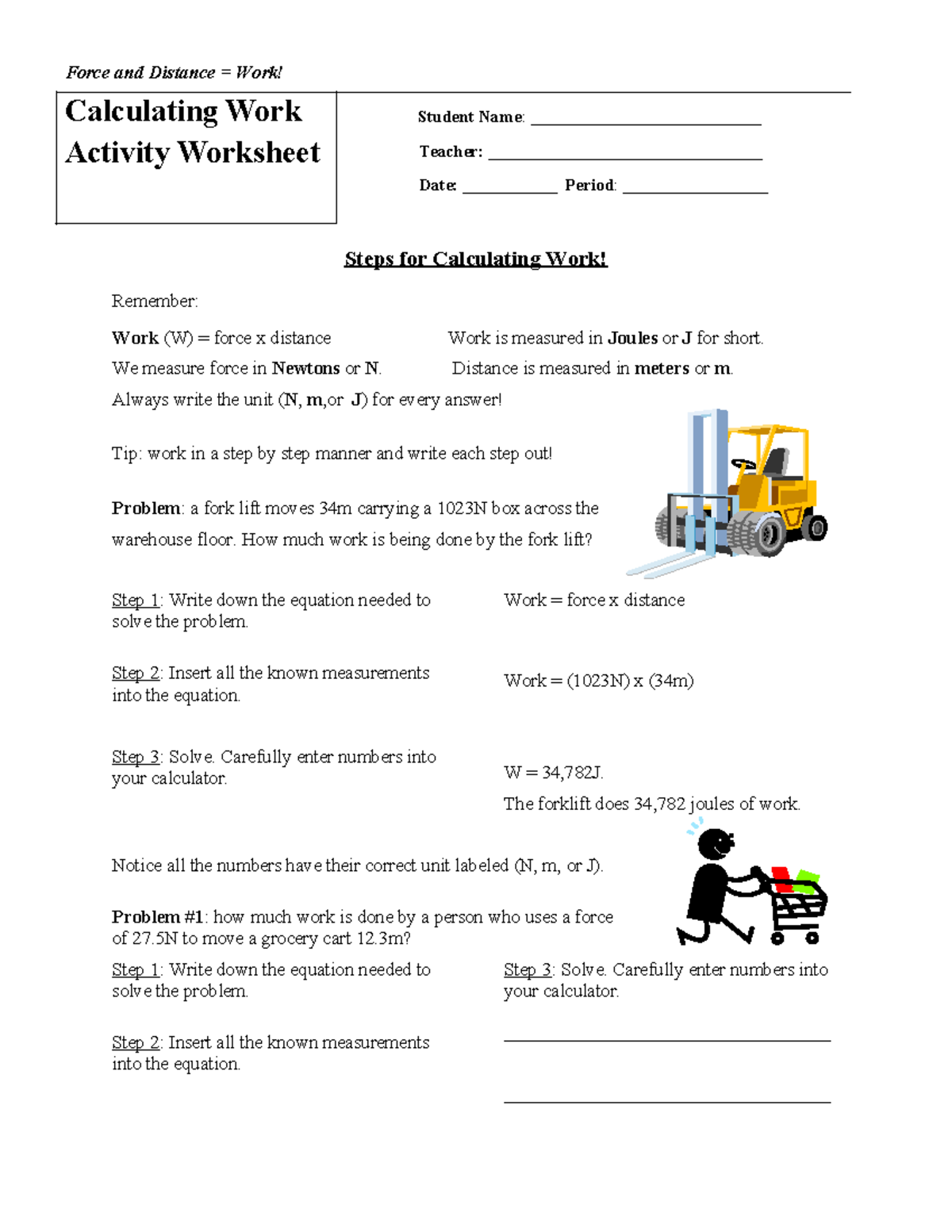 Calculating-Work-Worksheet - Force and Distance = Work! Calculating ...