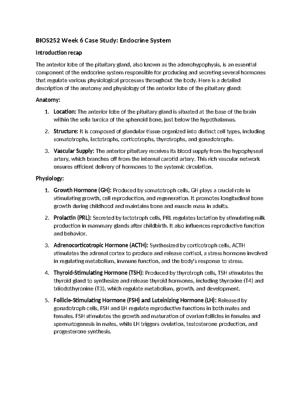 BIOS252 Week 6 Case Study: Anatomy & Physiology of the Pituitary Gland ...
