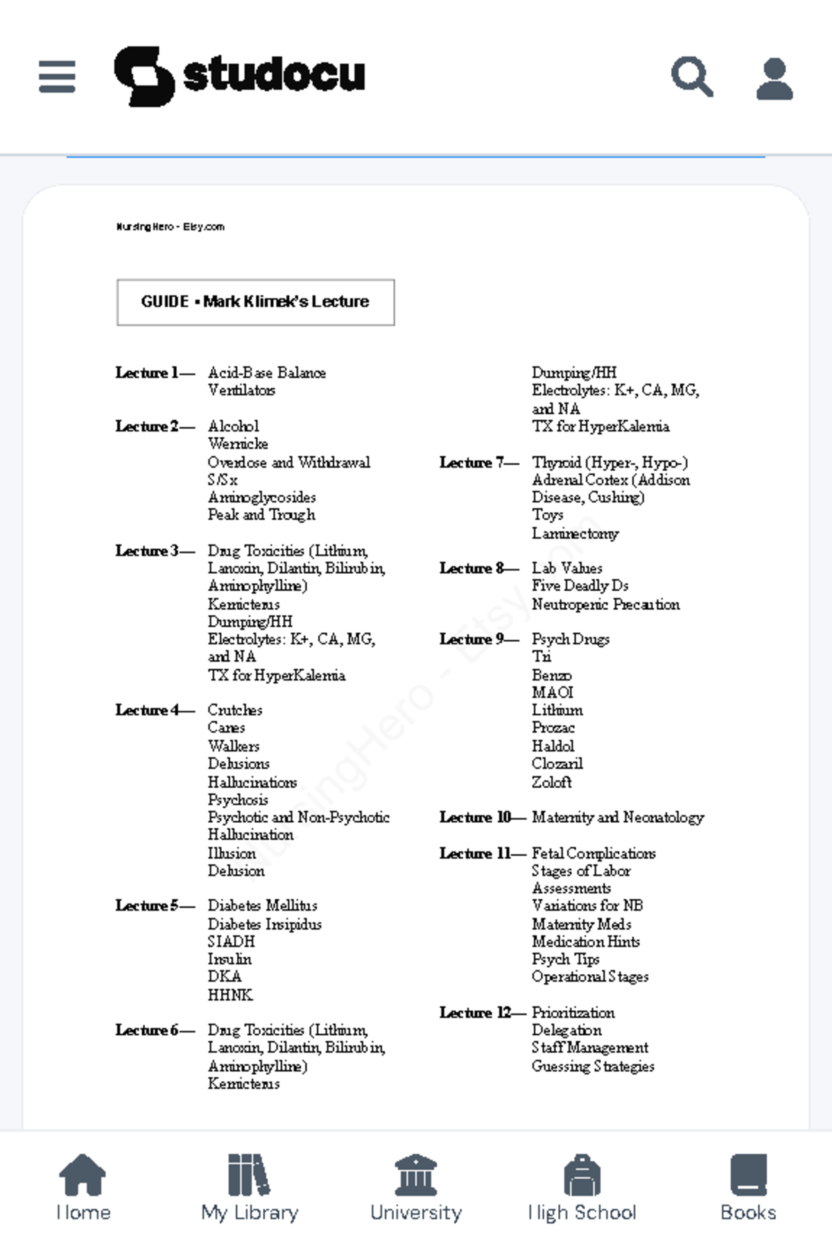 Mark Klimek Nursing Lecture Notes 1-12: Acid-Base, Drugs & More - Studocu