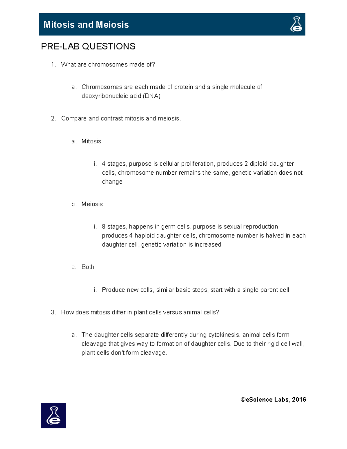 Mitosis and Meiosis Lab - PRE-LAB QUESTIONS What are chromosomes made ...