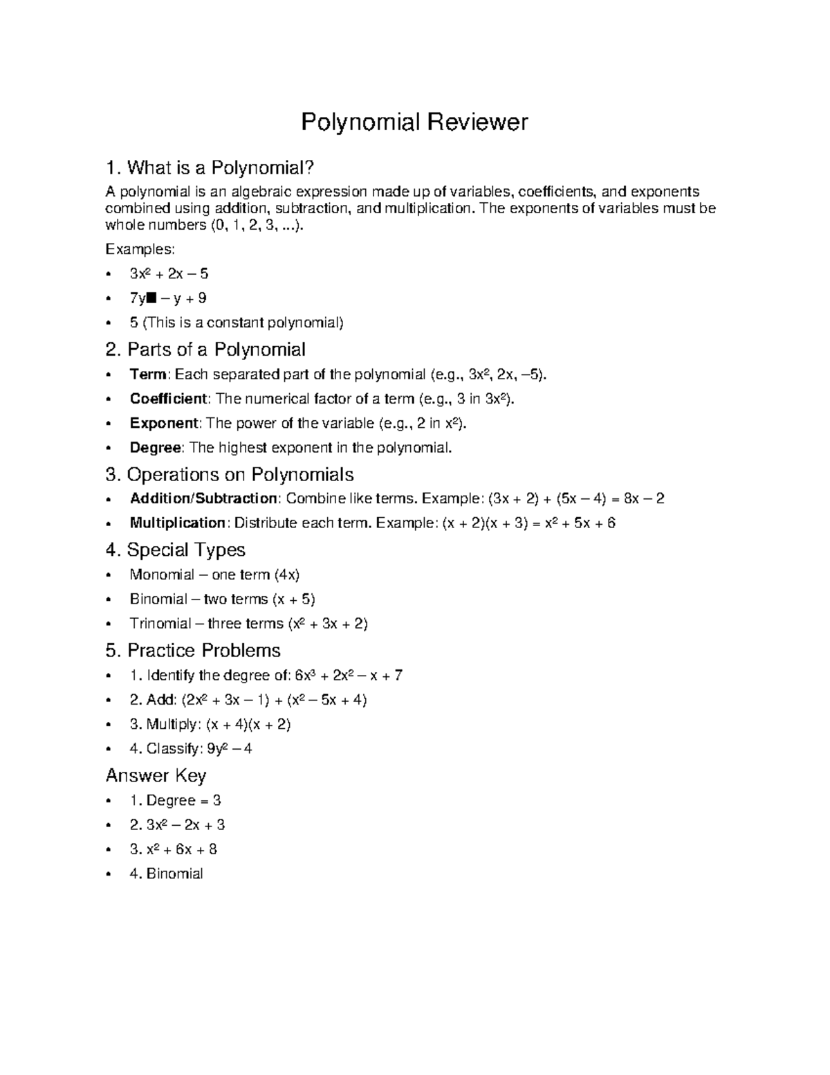 Polynomial Review: Understanding Polynomials and Their Operations - Studocu