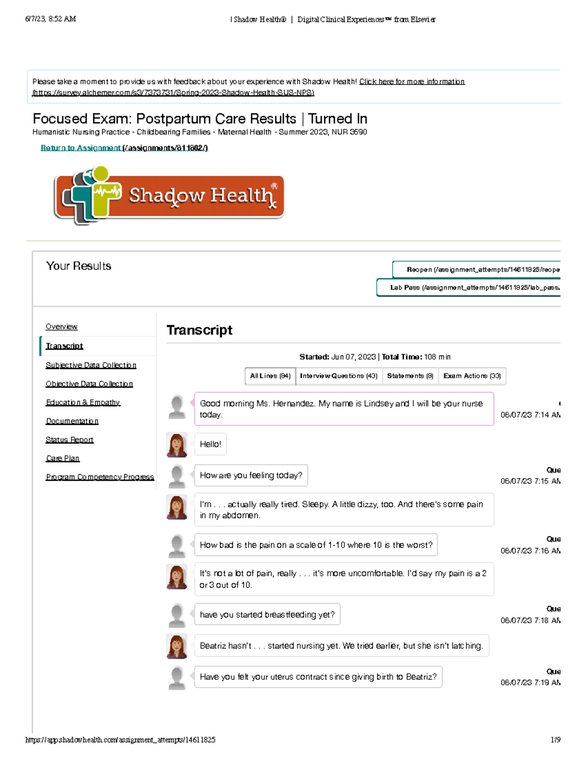 Postpartum Care Analysis for Gloria Hernandez | NUR 3590 Summer 2023 - Studocu