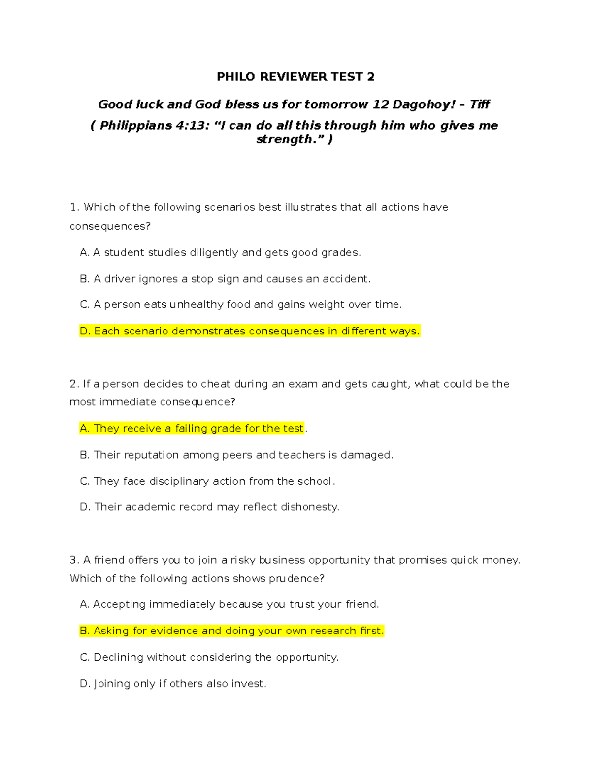 PHILO 12: REVIEWER FOR TEST 2 - Good Luck! - Studocu