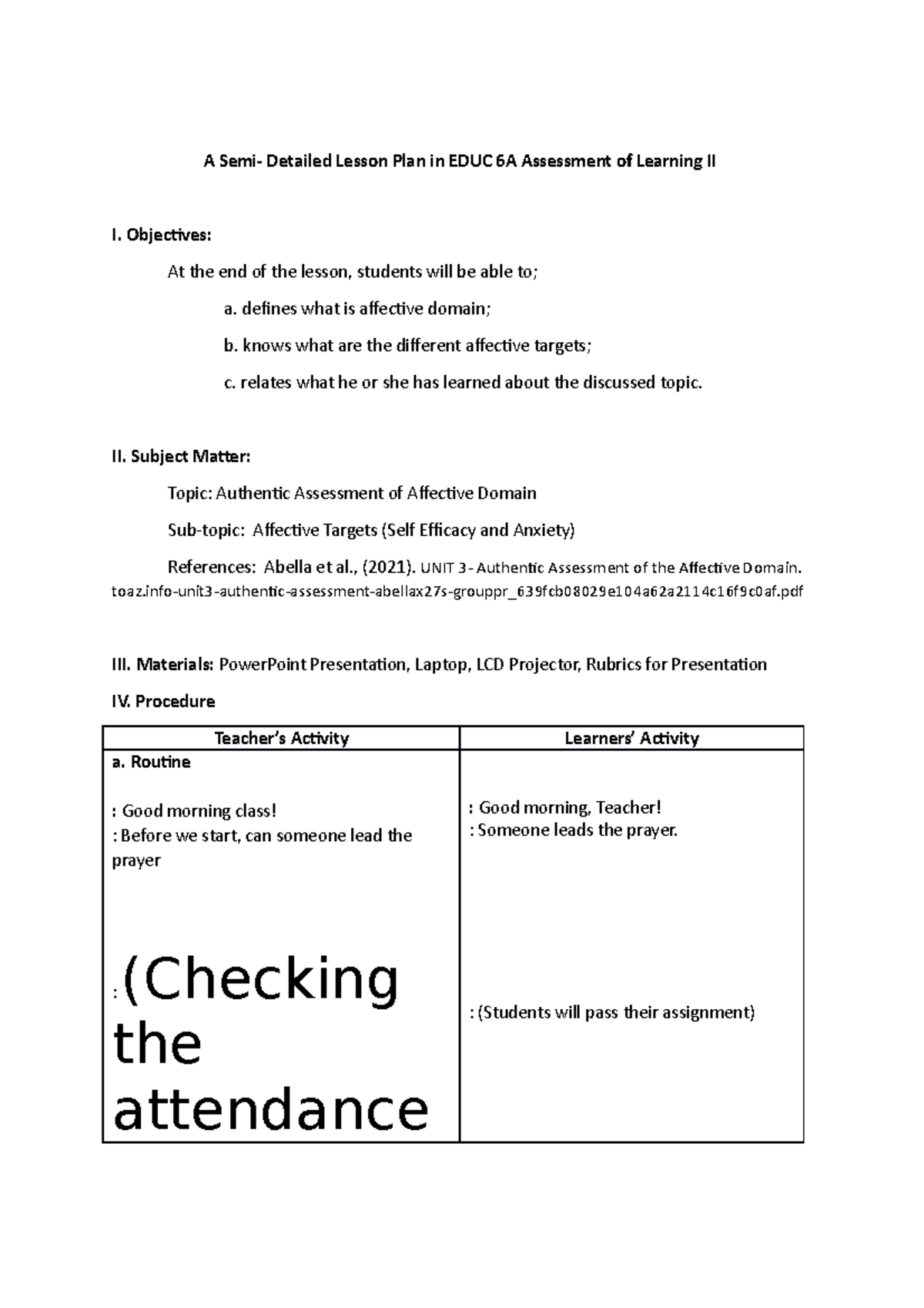 EDUC 6A Lesson Plan 1: Exploring the Affective Domain in Learning - Studocu