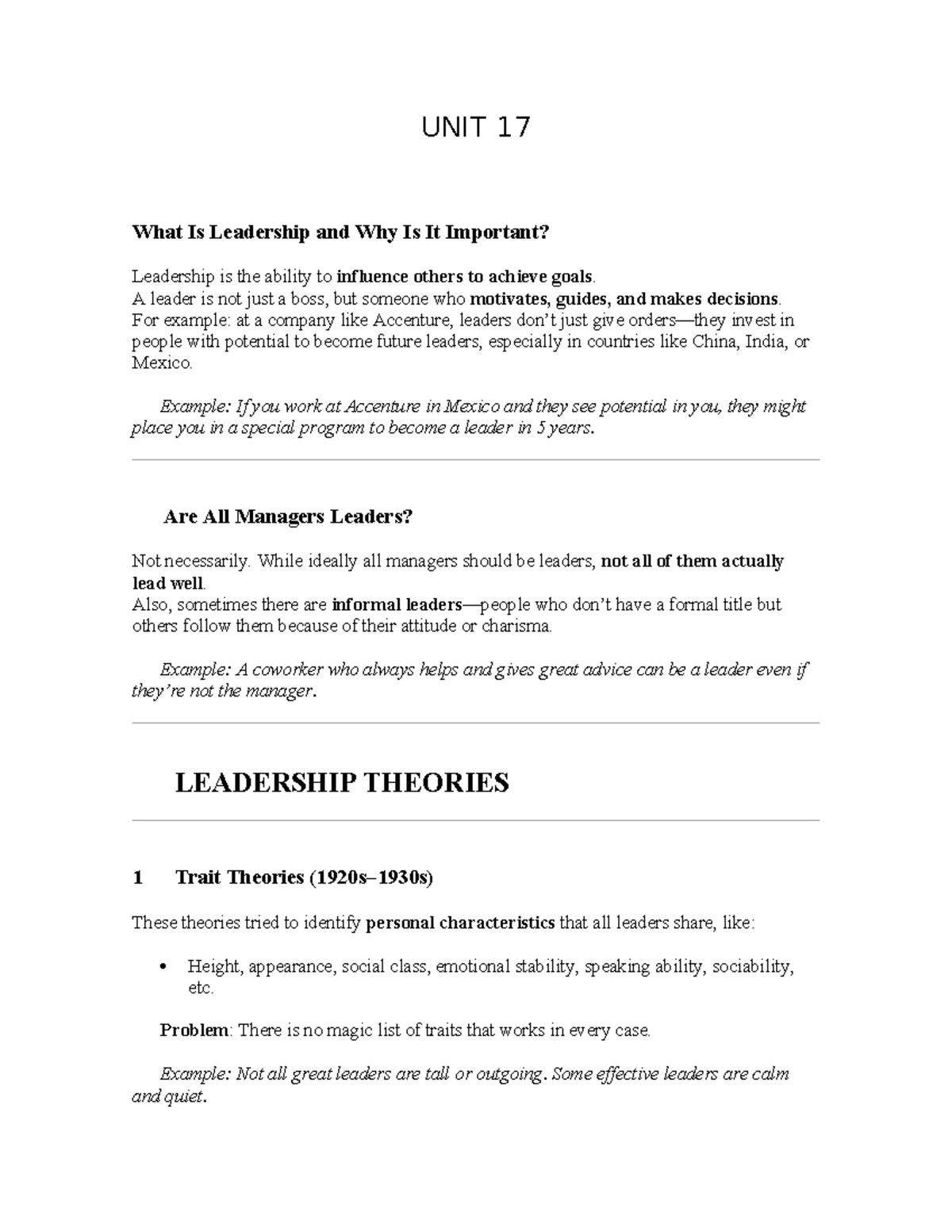 UNIT 17 - Leadership Concepts and Theories Summary from Robbins - Studocu