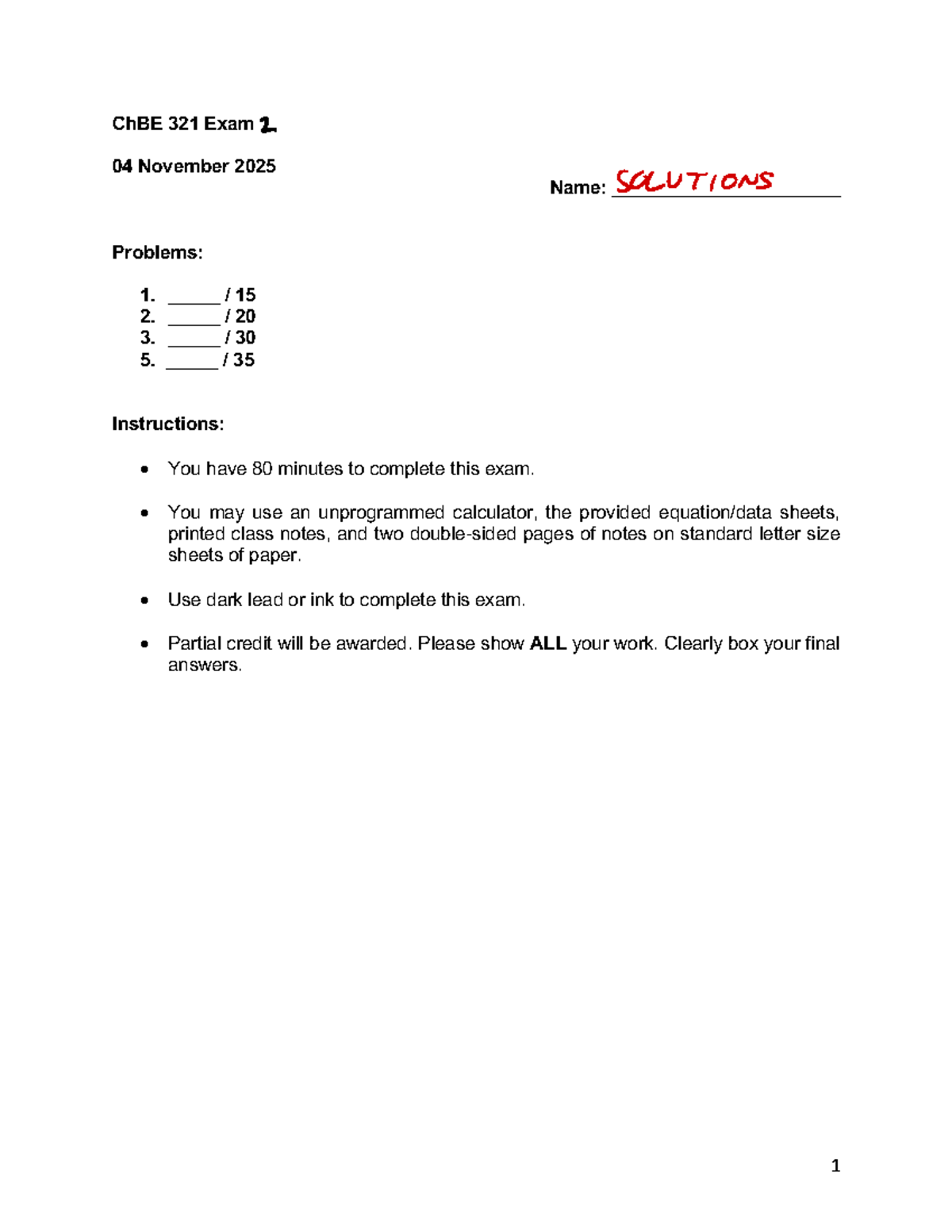 ChBE 321 Exam 1 Solutions - November 2025 - Studocu