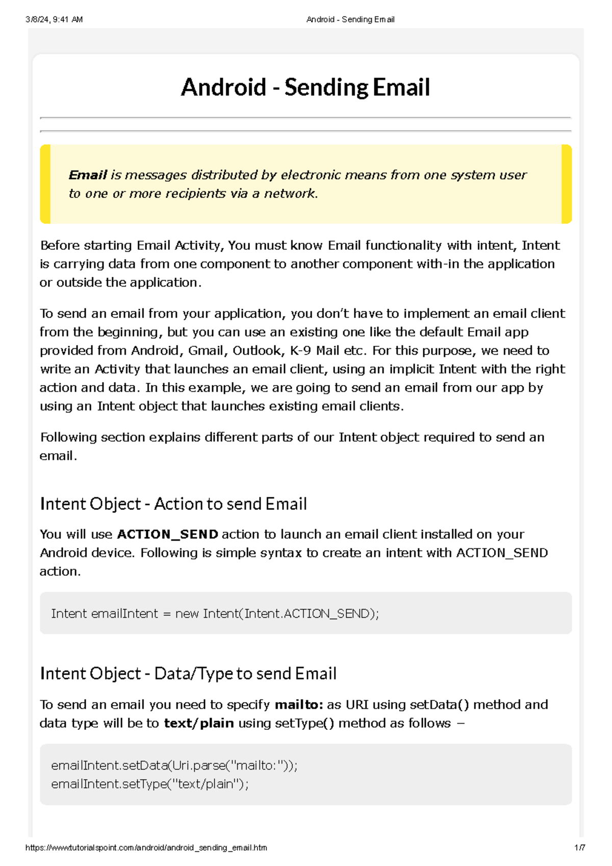 Android - Sending Email Using Intents Tutorial - Studocu