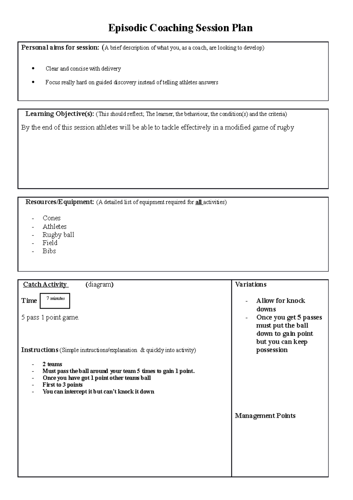 6 - Lesson plan exemplar 6 - Episodic Coaching Session Plan Personal ...