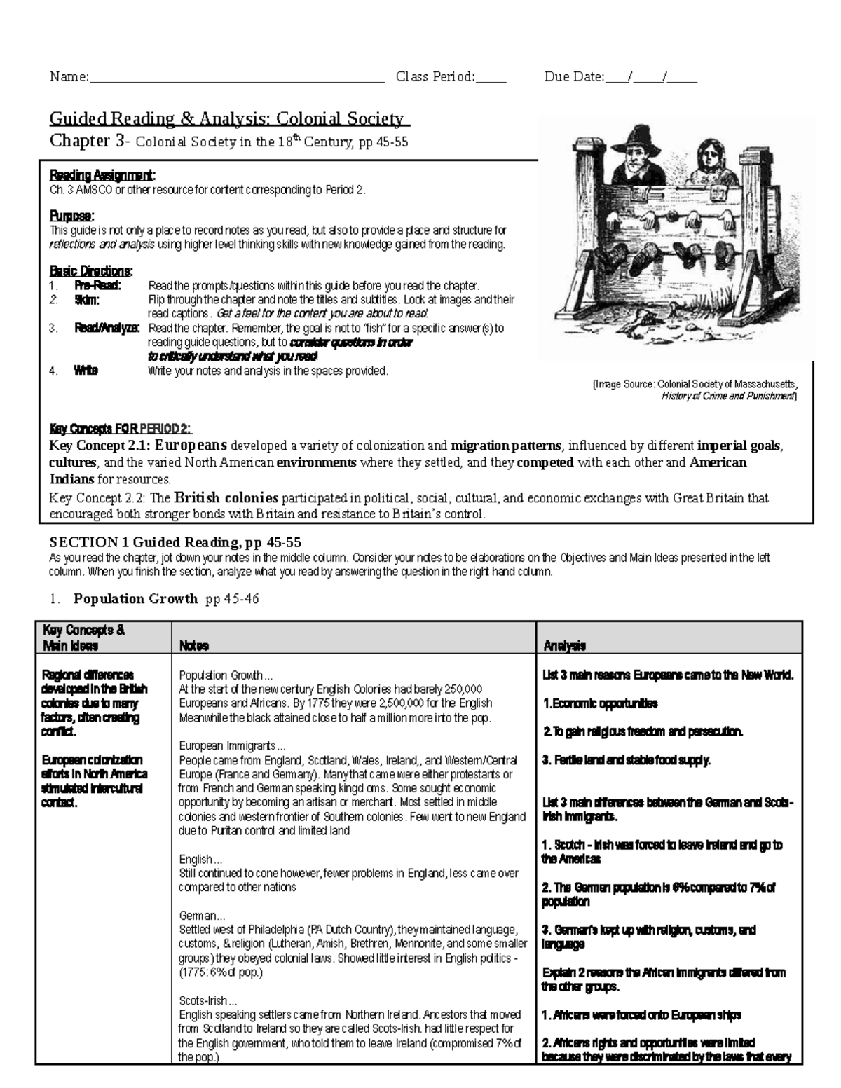 Amsco Ch. 3 - Guided Reading & Analysis: Colonial Society Insights ...