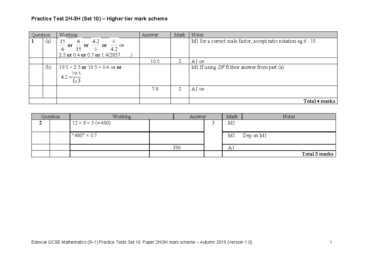 Edexcel GCSE Maths Practice Test Set 10: Higher Tier Mark Scheme - Studocu