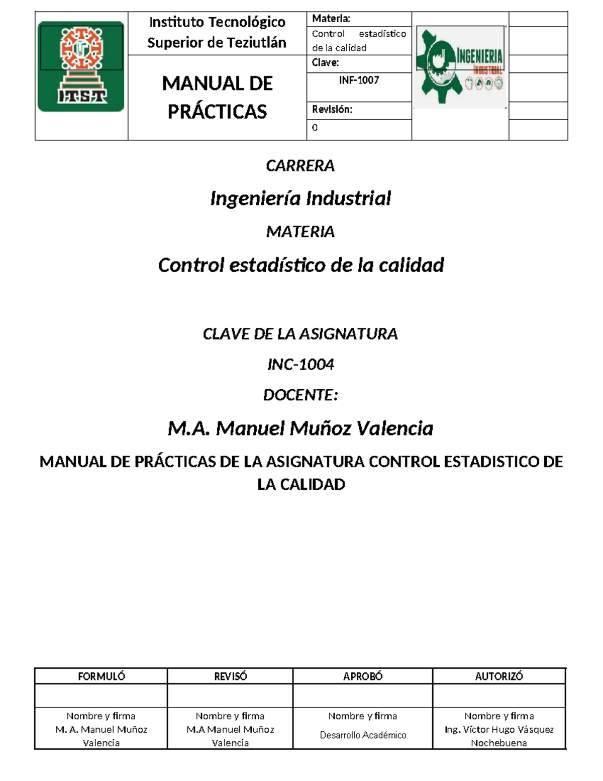 Manual de Prácticas de Control Estadístico de la Calidad INF-2010 - Studocu