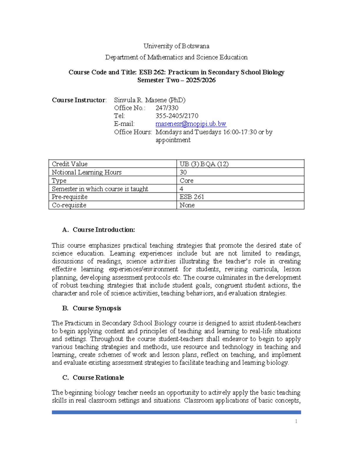 ESB 262: Practicum in Secondary School Biology Course Outline 2026 ...
