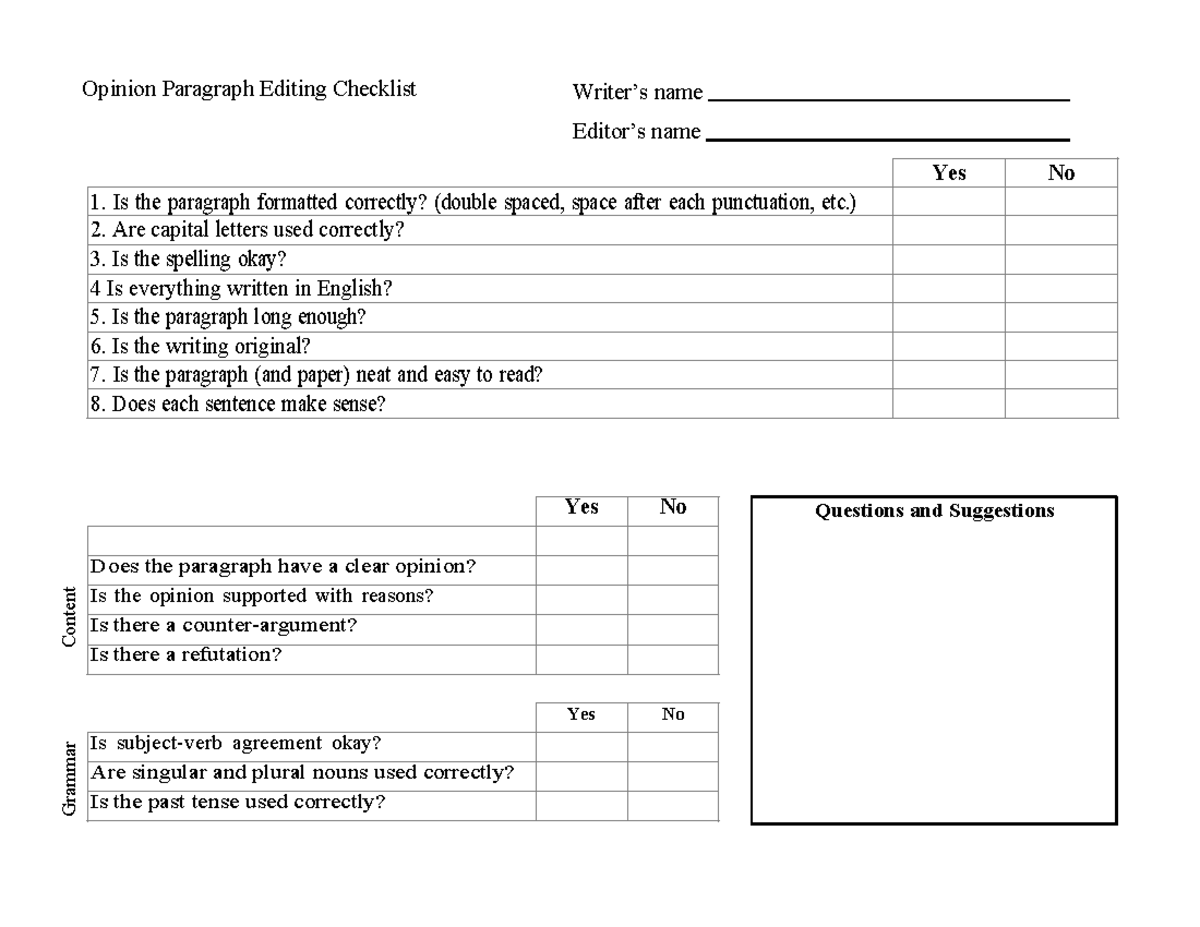 ENG 101: Opinion Paragraph Editing Checklist - Studocu