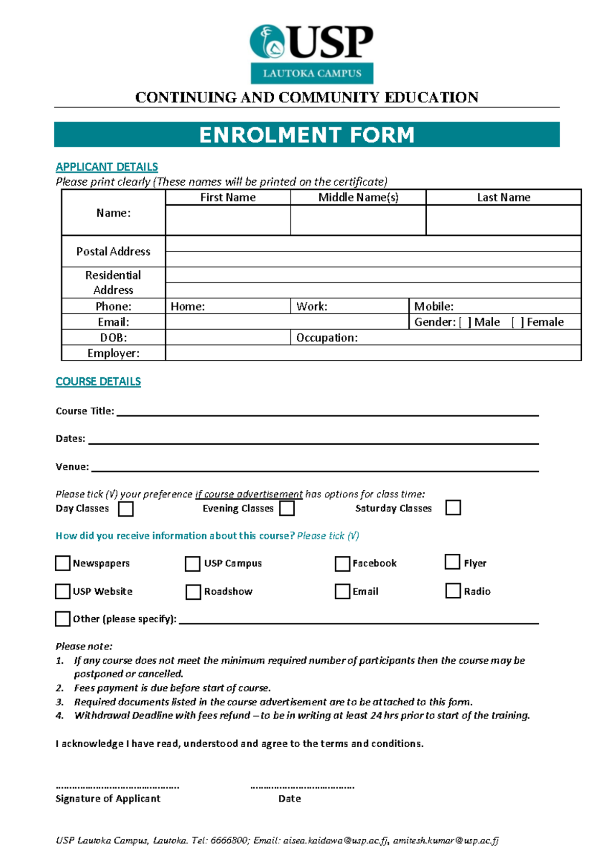 Courses Enrolment Form - USP Lautoka Campus, Lautoka. Tel: 6666800 ...