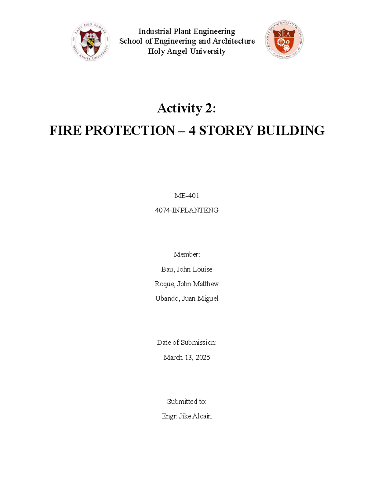 Industrial Plant Engineering (IPE 101) Activity 2: Fire Protection ...