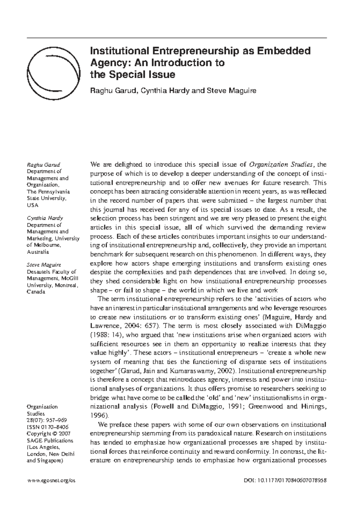 Institutional Entrepreneurship as Embedded Agency: Special Issue ...