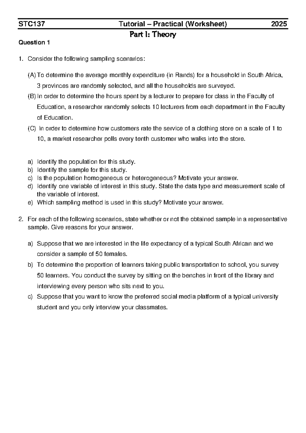 STC137 - Tutorial Practical Worksheet 2025: Sampling Methods & Analysis ...