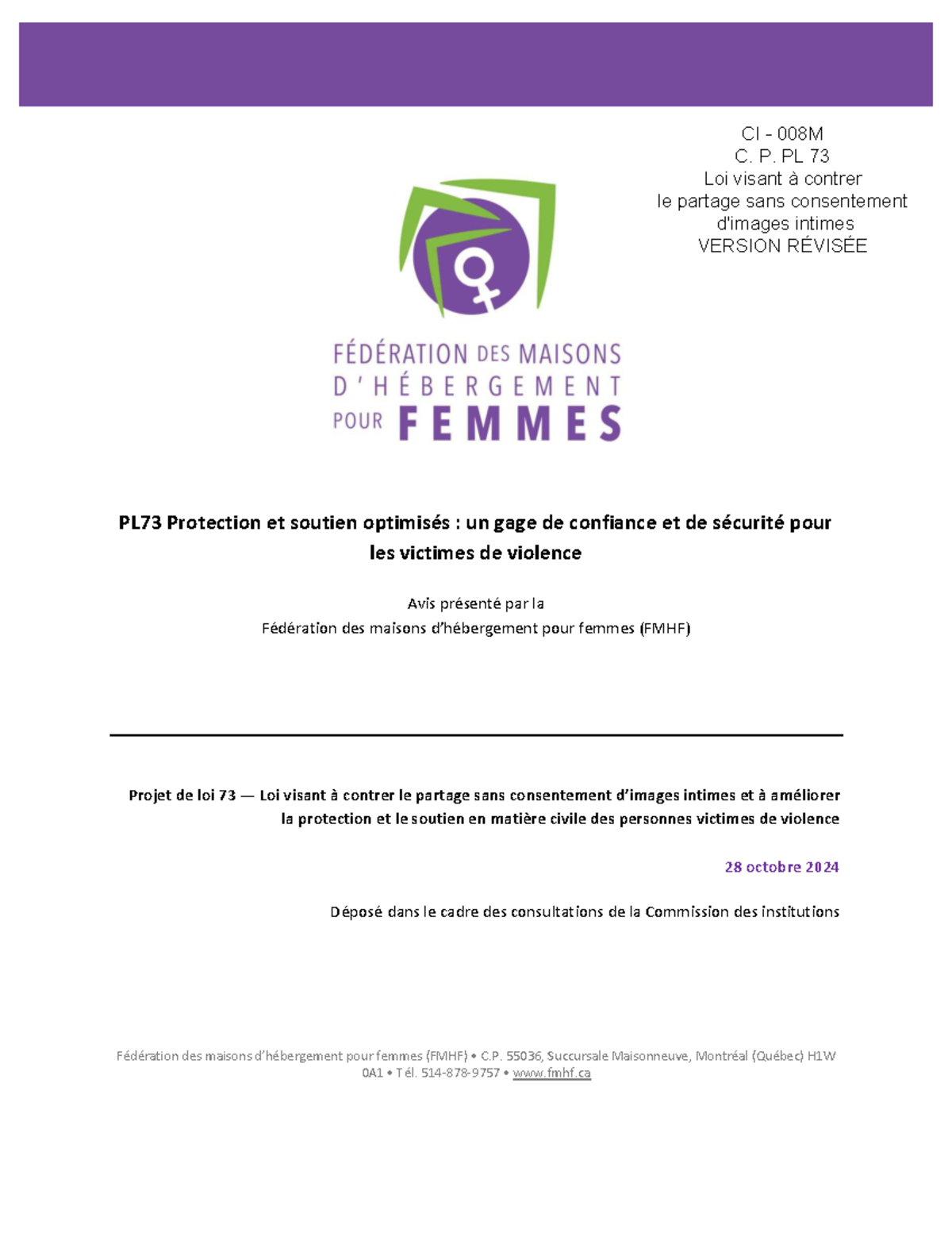 CI 008M PL73 - Avis sur le Projet de Loi 73 pour la Protection des ...