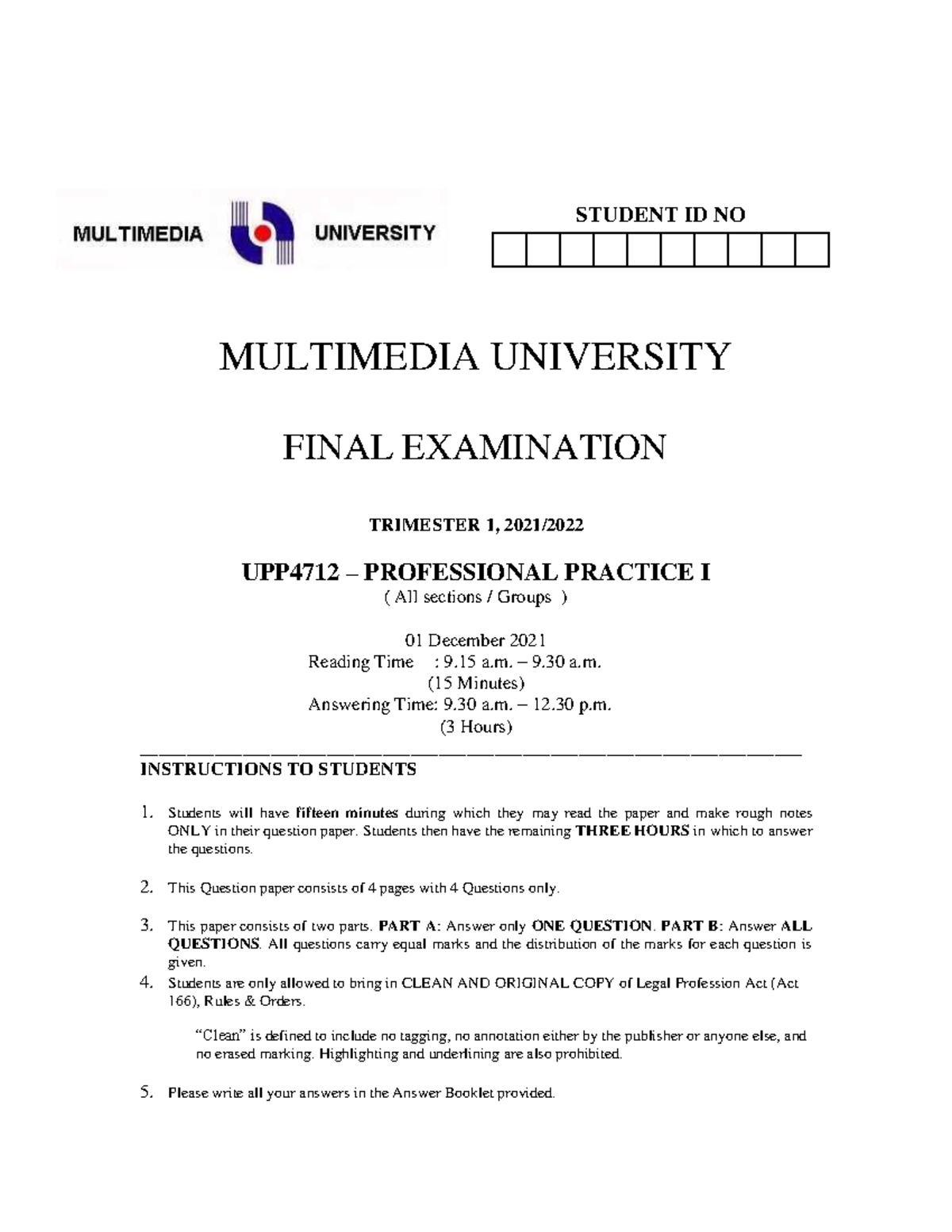 UPP4712 Final Exam: Professional Practice I Trimester 1, 2021 - Studocu