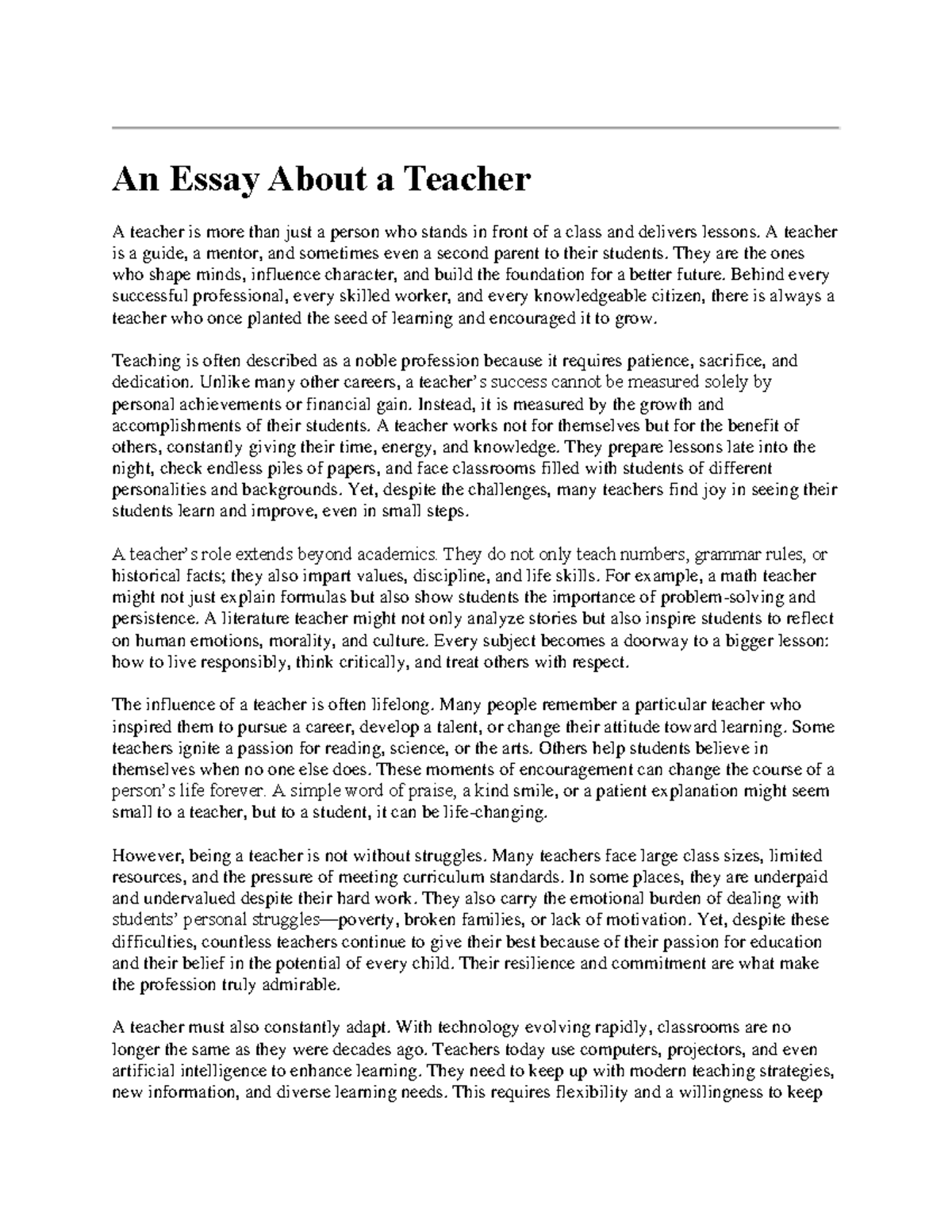 ENG 101: Essay on the Impact and Role of a Teacher - Studocu