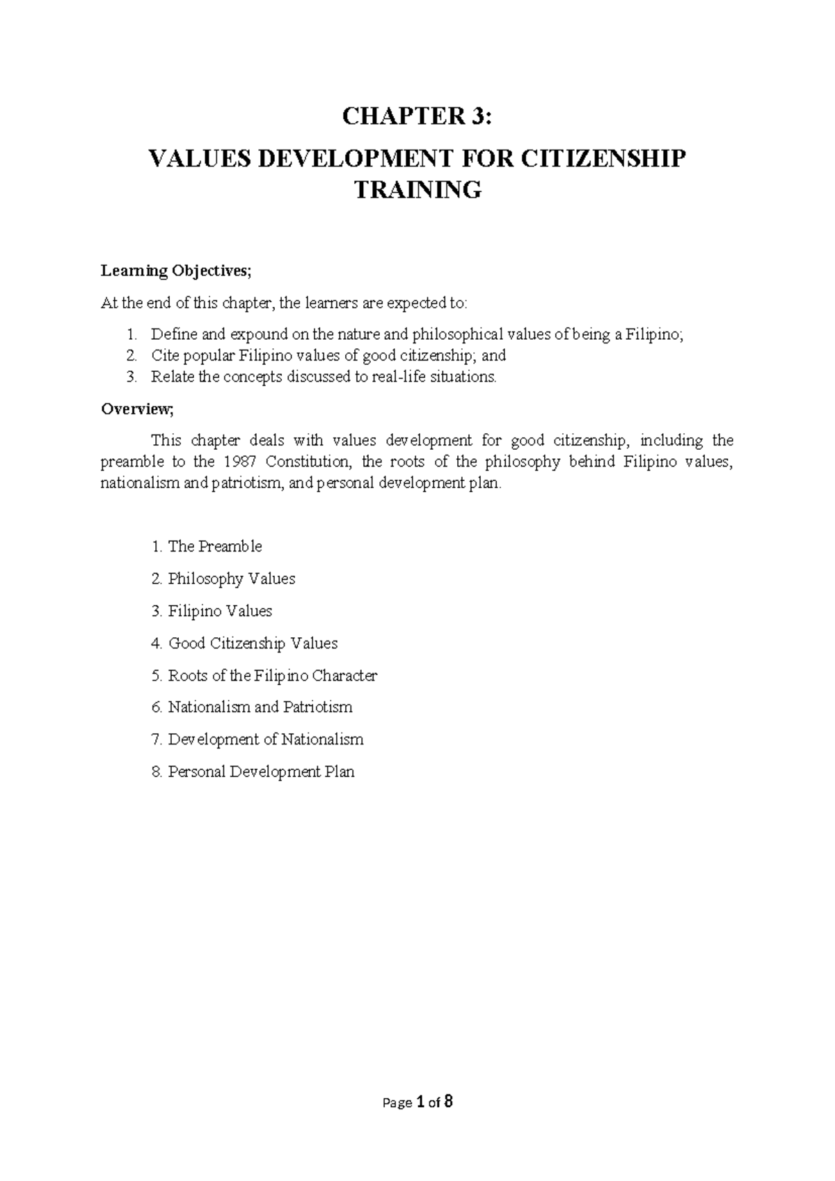 CHAPTER 3 NSTP: Values Development for Citizenship Training & Quiz ...