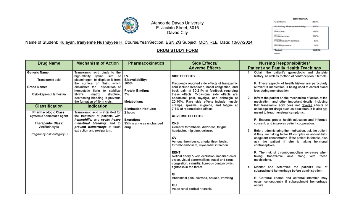 Kulayan Drug Study: Tranexamic Acid Overview (MCN RLE) - Studocu