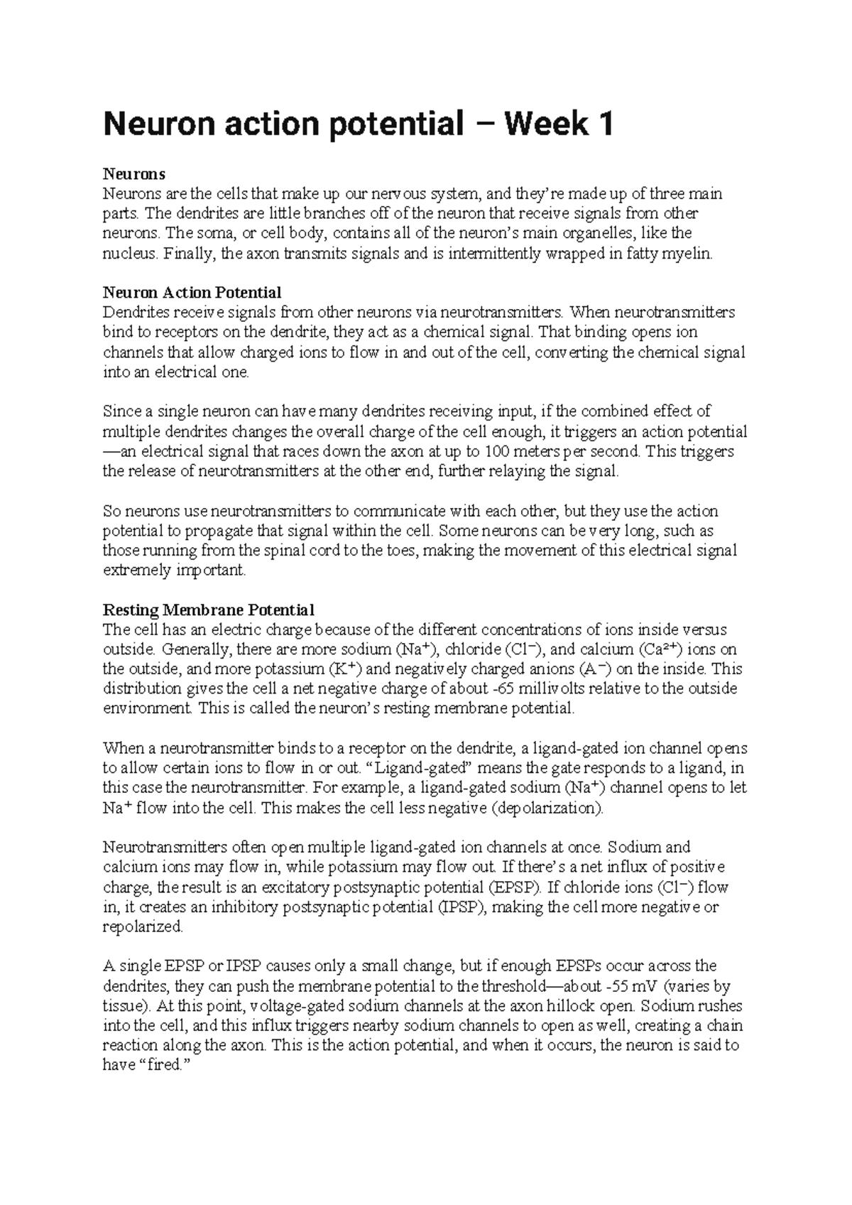 Neuron Action Potential Overview - Week 1 Study Notes - Studeersnel