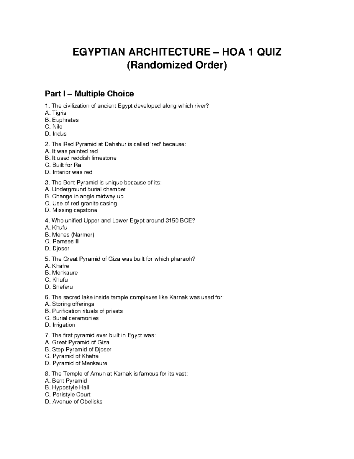 Egyptian Architecture HOA 1 Quiz: Multiple Choice Questions - Studocu