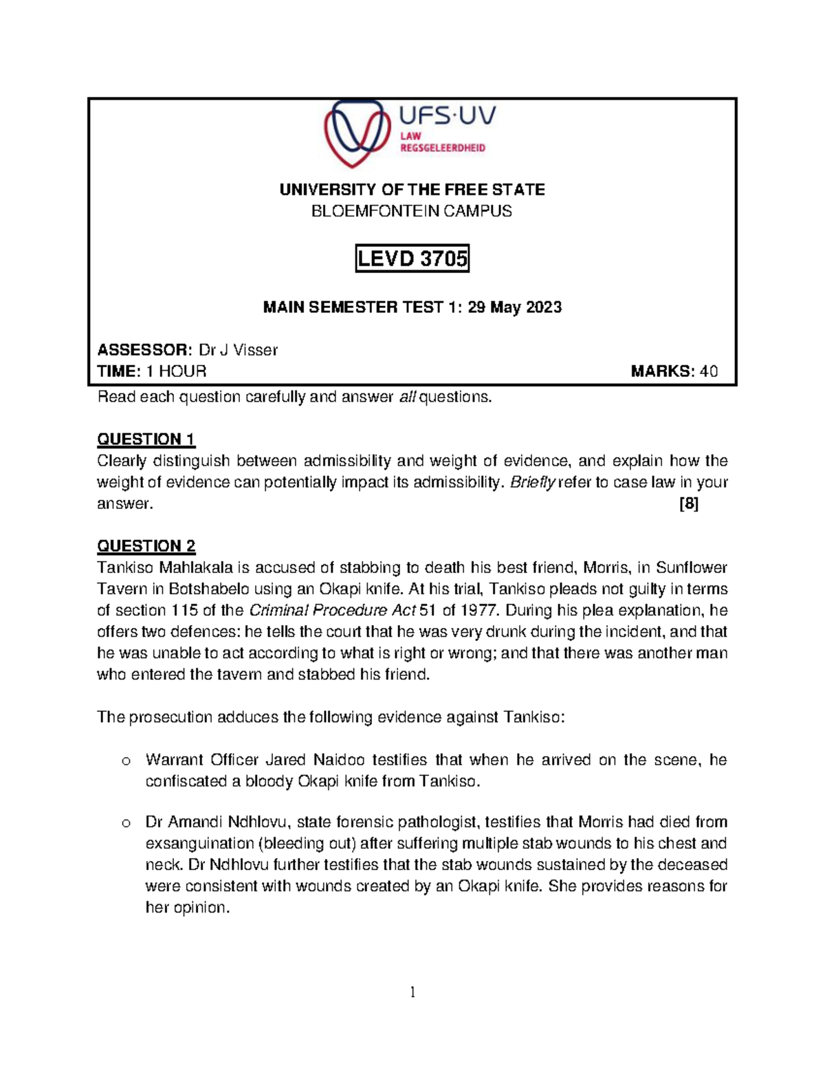 LEVD 3705 Main Semester Test 1 Questions and Guidelines 2023 - Studocu