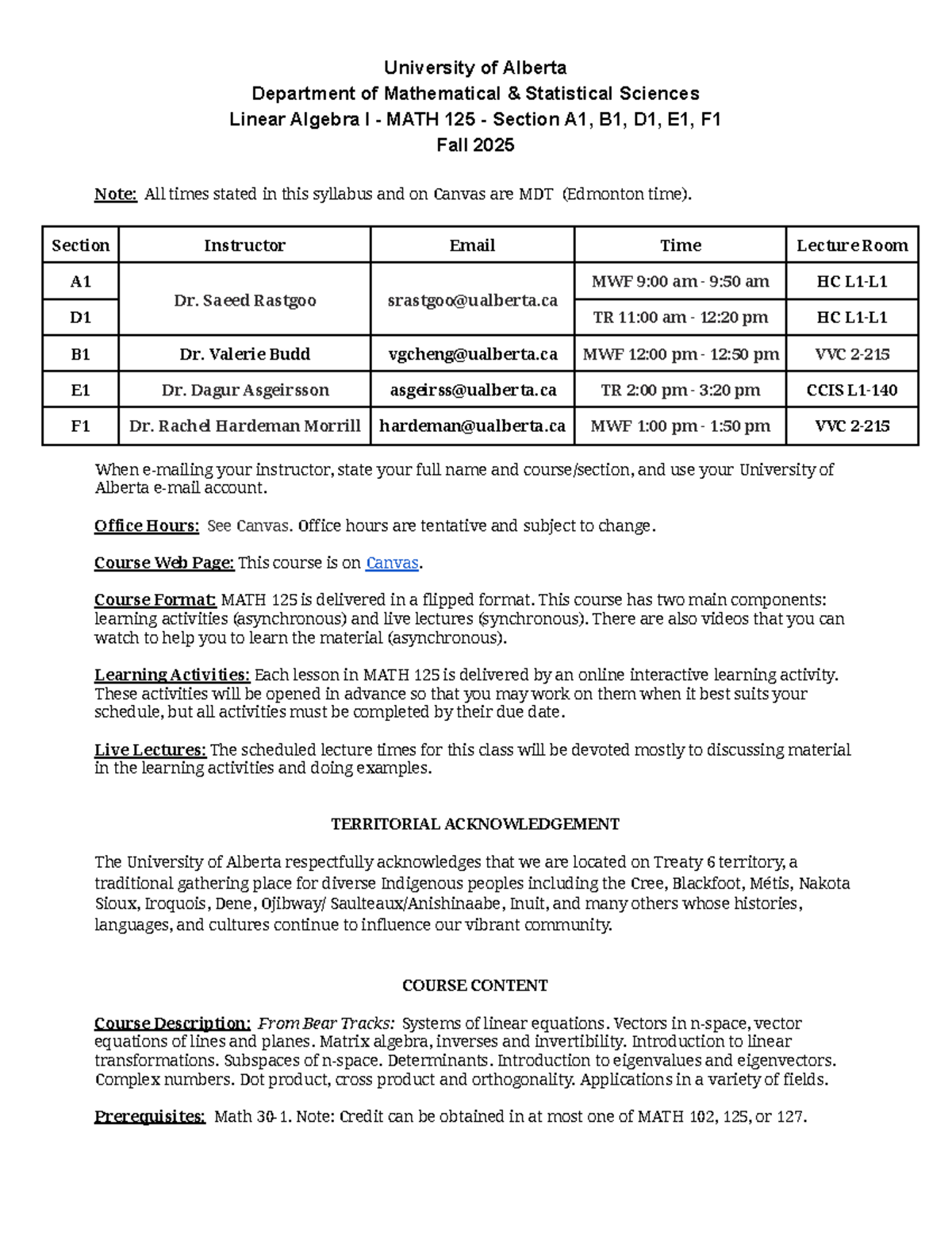2025 Fall MATH 125 Linear Algebra I Course Syllabus - Studocu