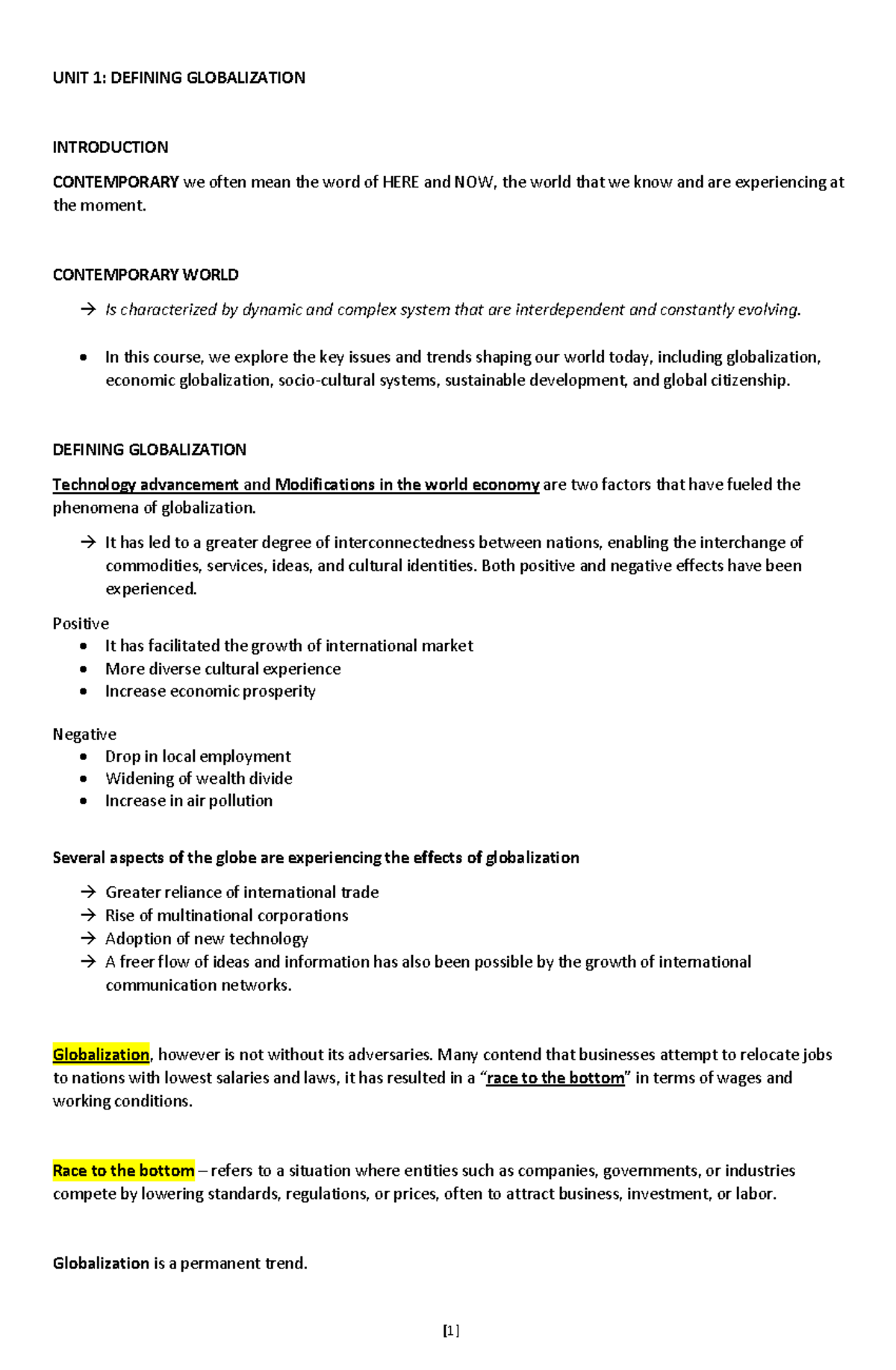 UNIT-1- Introduction - Summary Contemporary World History - [ 1 ] UNIT ...