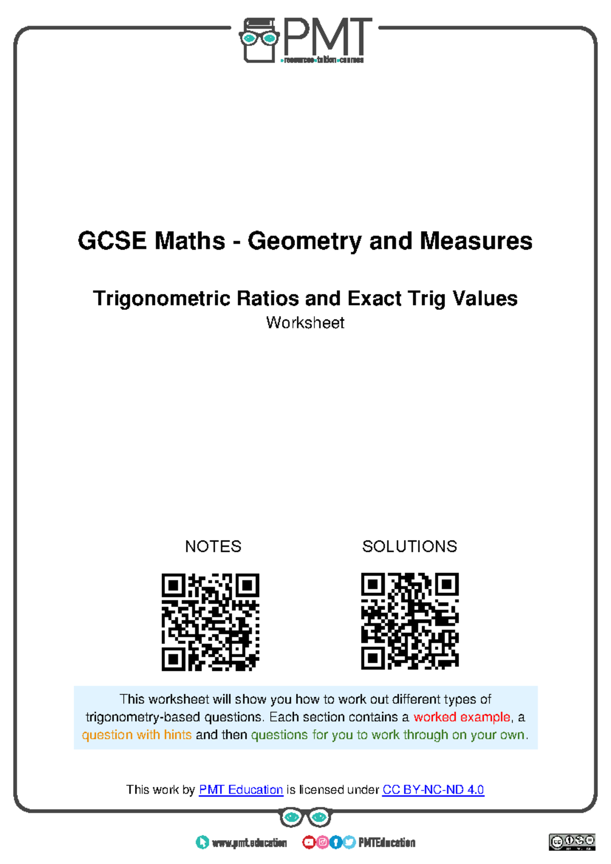 GCSE Maths Geometry & Measures: Trig Ratios & Exact Values Worksheet ...