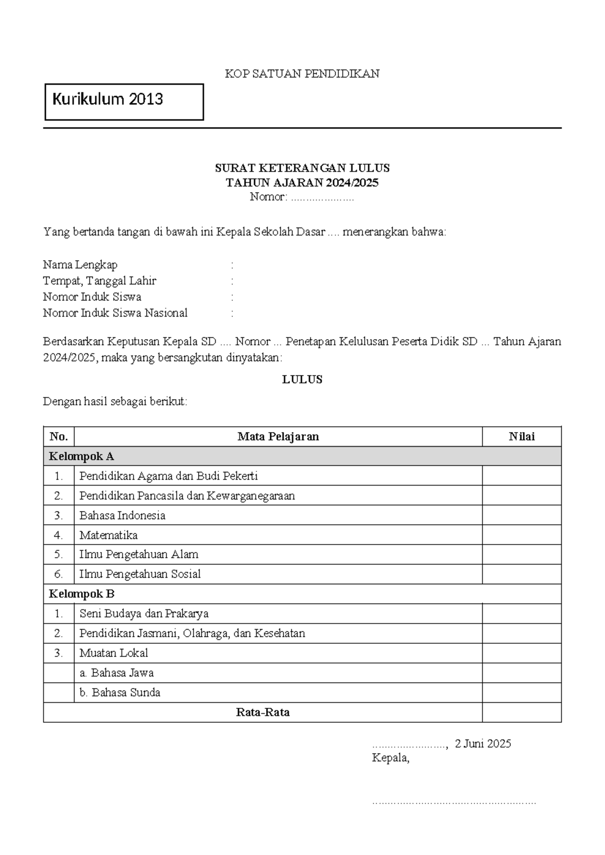 Contoh Format SKL SD Kurikulum 2013 Tahun Ajaran 2025 - Studocu