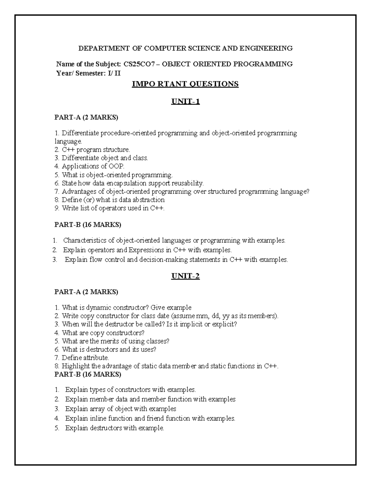 CS25CO7 OOP Important Questions - 2 Marks & 16 Marks - Studocu