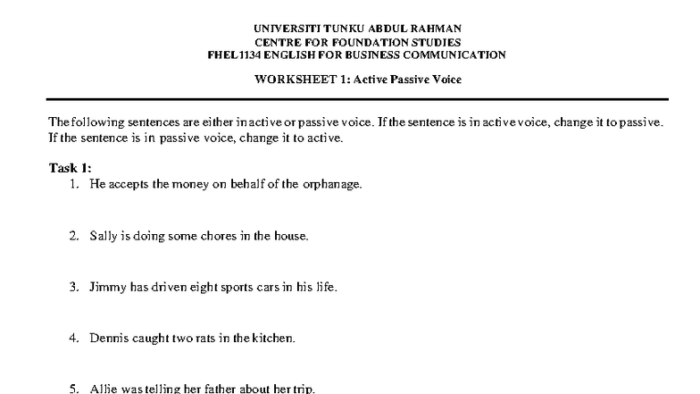 FHEL1134 Week 5 Worksheet 1: Active and Passive Voice - Studocu