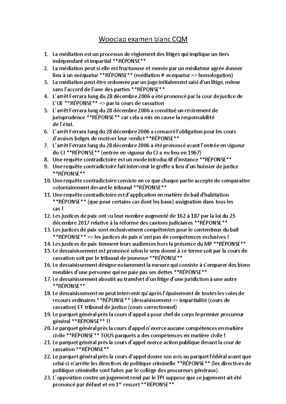 Examen Blanc Vrai-Faux CQM 1: La Médiation et le Droit Belge - Studocu